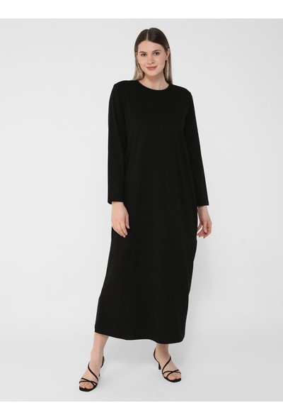 Büyük Beden Doğal Kumaşlı Bisiklet Yaka Elbise - Siyah - Alia