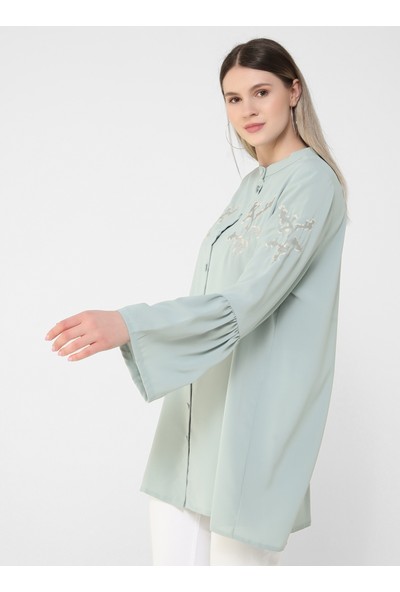 Büyük Beden Nakış Detaylı Tunik - Su Yeşili - Alia