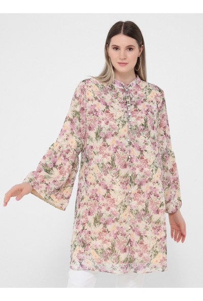 Büyük Beden Çiçek Desenli Tunik - Pudra - Alia