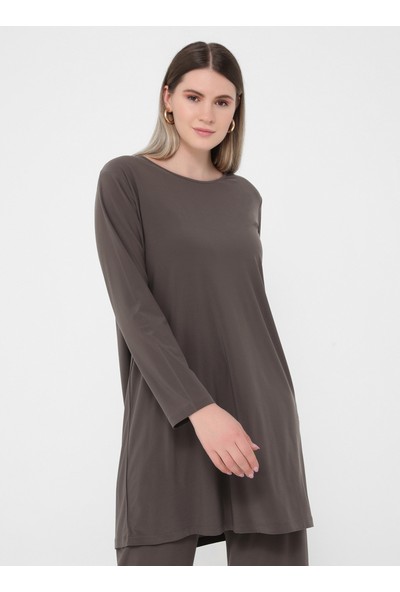 Büyük Beden Bisiklet Yaka Sade Tunik- Vizon - Alia Büyük Beden Bisiklet Yaka Sade Tunik- Vizon - Alia