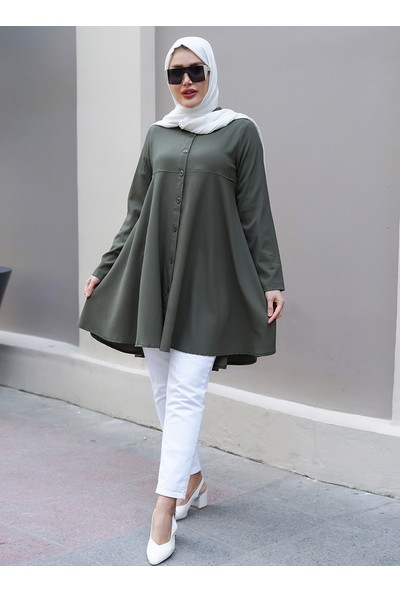 Önden Düğmeli Çan Etek Gömlek Tunik - Haki - Por La Cara