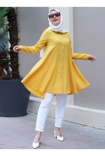 Önden Düğmeli Çan Etek Gömlek Tunik - Sarı - Por La Cara
