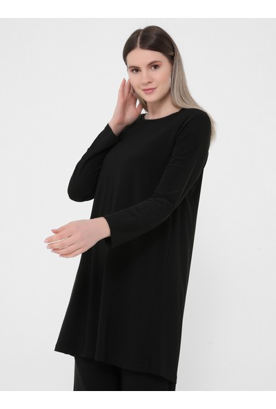 Büyük Beden Bisiklet Yaka Sade Tunik - Siyah- Alia