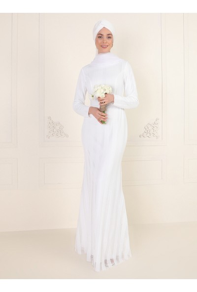 Kemer Detaylı Nikah Elbisesi - Ekru - Mwedding
