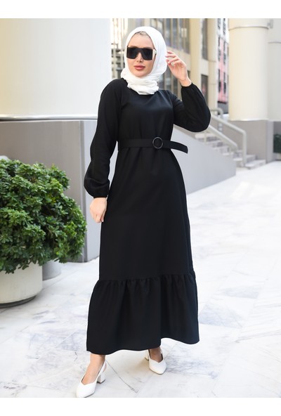 Fırfır Detaylı Kemerli Elbise - Siyah - Por La Cara
