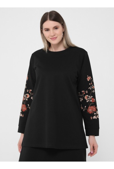 Büyük Beden Kolları Nakış Detaylı Tunik - Siyah - Alia