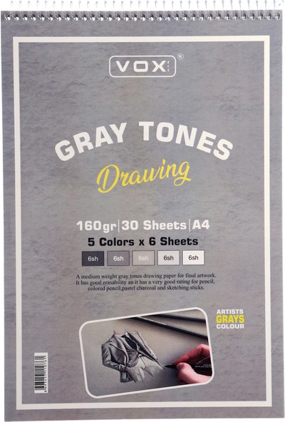 Gri Tonlar Eskiz Çizim Defteri A4 30 Yaprak 160 gr 5 Renk