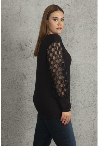 Ebsumu Kadın Büyük Beden V Yaka Kol Detaylı Siyah Bluz