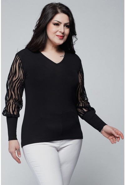 Ebsumu Kadın Büyük Beden Kolları Transparan Süet Dal Detay Siyah Bluz Ebsumu Kadın Büyük Beden Kolları Transparan Süet Dal Detay Siyah Bluz