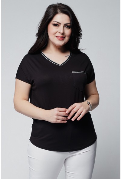 Ebsumu Kadın Büyük Beden Yaka ve Cepleri Gümüş Şeritli V Yaka Siyah Bluz