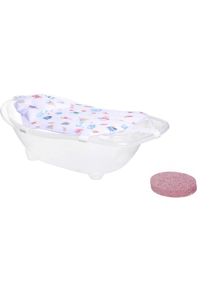 Safemom Desenli Köpüklü Küvet Filesi Beyaz + Doğal Banyo Süngeri - Pembe