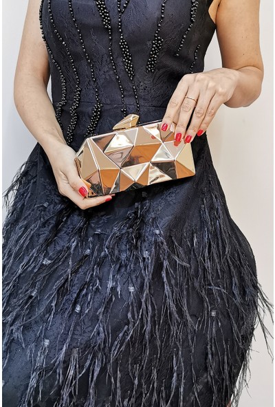 Nazart Kadın Metal Altın Gold Abiye Clutch Portföy Gece Çantası