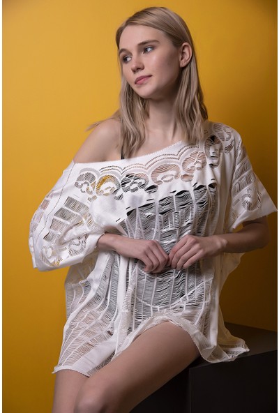 Désir Ekru Dantel Bluz Pareo (Geniş Kalıp)