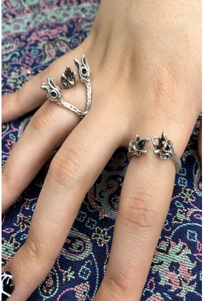 Mooni Accessories Çift Lale Modelli Antik Gümüş Kaplama Ayarlanabilir Ölçülü Yüzük Seti