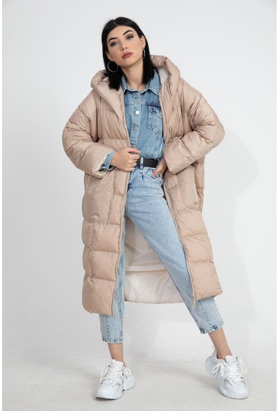 VprModa Kapüşonlu Uzun Oversize Şişme Kadın Mont