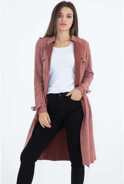 VprModa Süet Uzun Ceket Kemerli Trençkot
