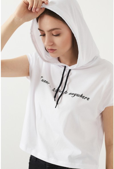 Lela Yazı Baskılı Kapüşonlu % 100 Pamuk T Shirt Kadın T Shirt 5411091