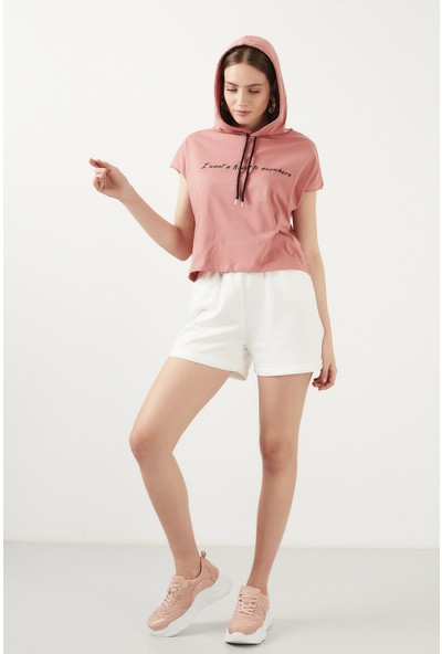 Lela Yazı Baskılı Kapüşonlu % 100 Pamuk T Shirt Kadın T Shirt 5411091