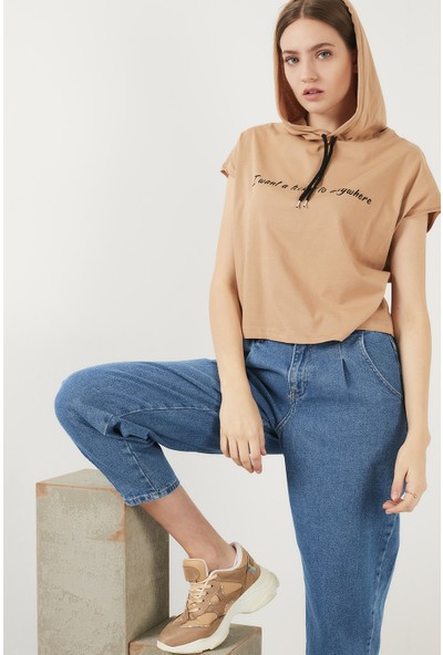 Lela Yazı Baskılı Kapüşonlu % 100 Pamuk T Shirt Kadın T Shirt 5411091