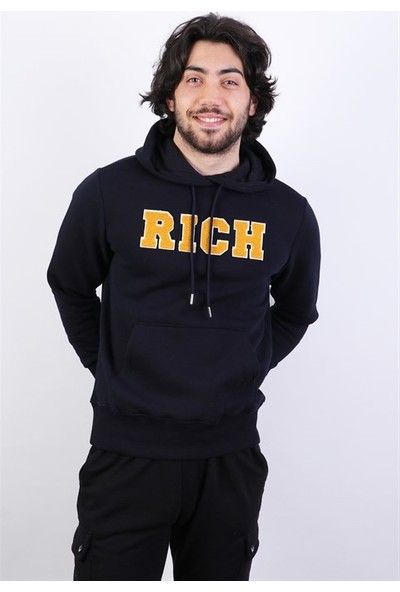 Rich Erkek Süzine Baskılı Kapüşonlu Lacivert Sweatshirt