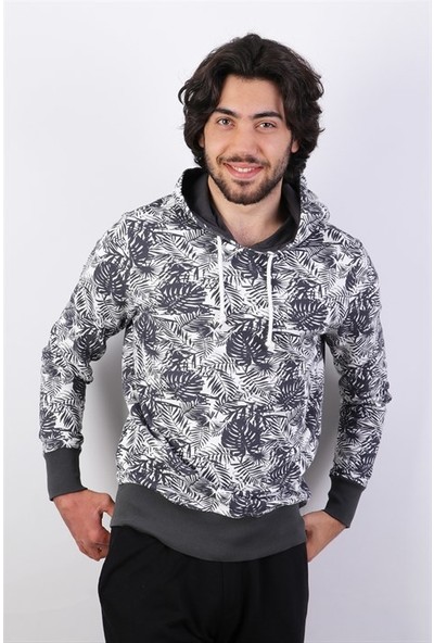 Rich Erkek Kapüşonlu Desenli Füme Sweatshirt