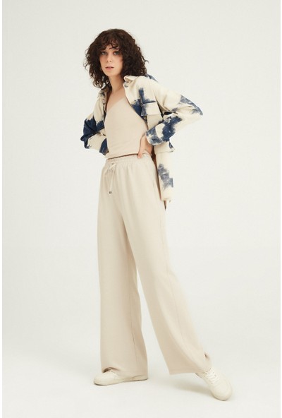 Quzu Beli Lastikli Bol Paça Pantolon Taş