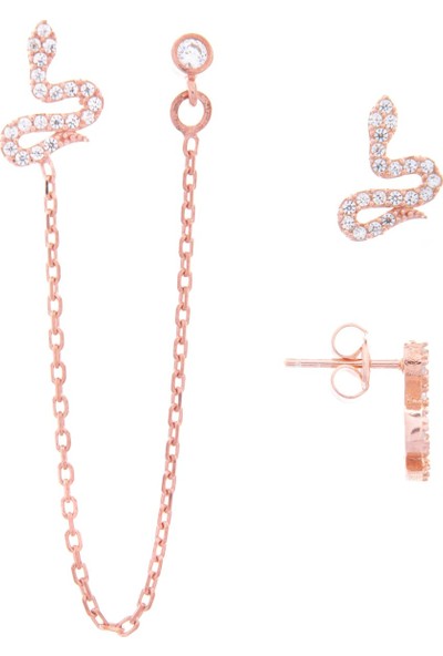 Hiç Gümüş Yılan 925 Ayar Gümüş Kombin Zincirli Rose Küpe