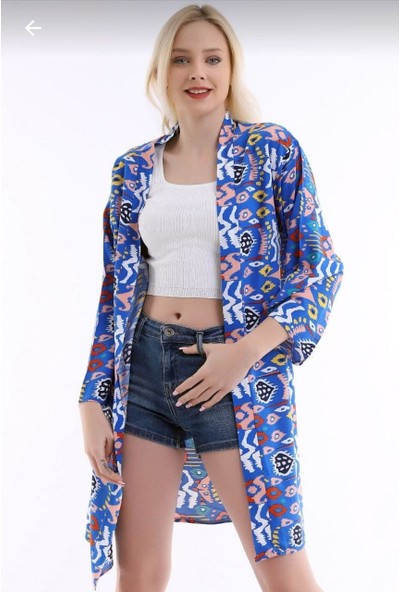 Dnz Bayan Mavi Desenli Uzun Kimono
