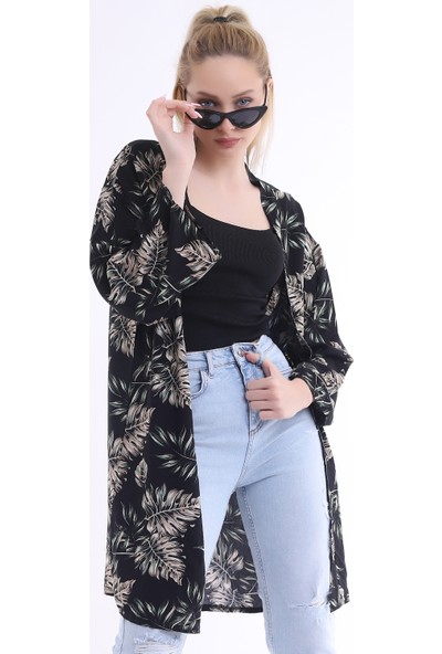 Dnz Kadın Siyah Desenli Uzun Kimono