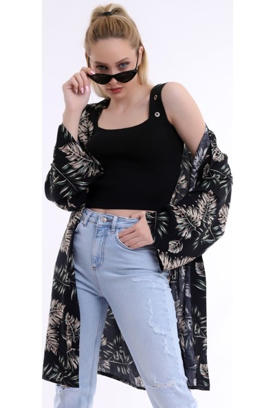 Dnz Kadın Siyah Desenli Uzun Kimono