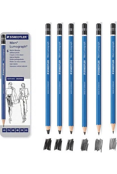 Staedtler Mars Lumograph Dereceli Kalem Karakalem Eskiz Çizim Seti 6'lı Set Metal Kutu Staedtler Mars Lumograph Dereceli Kalem Karakalem Eskiz Çizim Seti 6'lı Set Metal Kutu