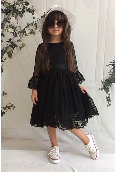 MNK Siyah Şapkalı Dantelli 6 Yaş Kız Çocuk Elbise