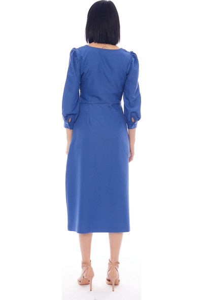Manche Indigo Kadın Balon Kol Yırtmaçlı Elbise | MK21W283166
