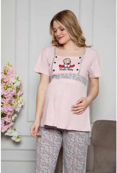 Cemrenur Kadın Pembe Renk Pamuklu Hamile Lohusa Kısa Kollu Pijama Takımı