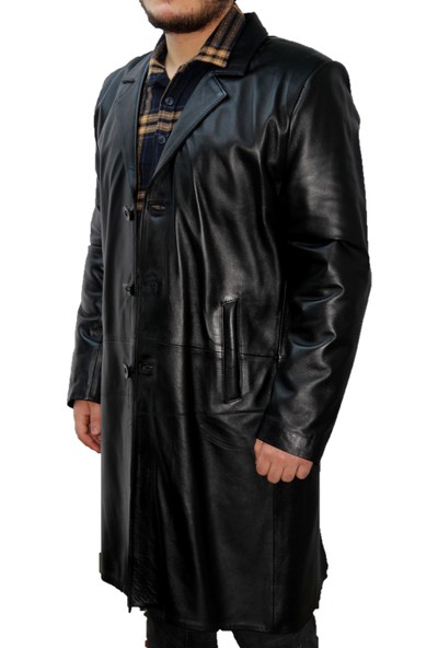 Bulutleather Siyah Deri Düğme Detaylı Erkek Kaban