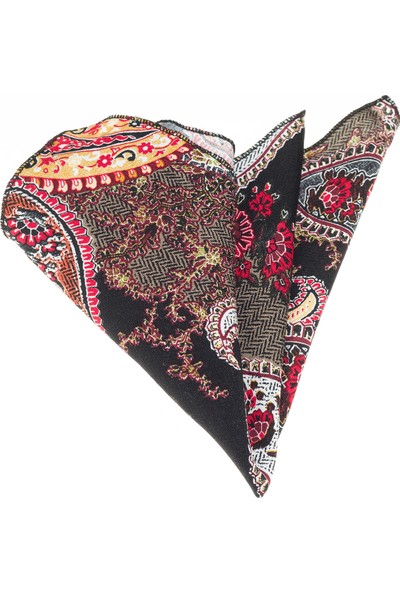 Exve Exclusive Siyah Sarı Kırmızı Şal Desen Yaka Mendili
