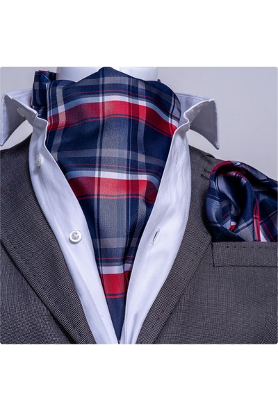 Exve Exclusive Lacivert Kırmızı Ekoseli Fular Mendil Seti