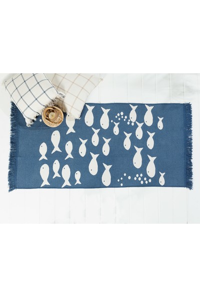 English Home Fish Wave Dokuma Kilim 60 x 100 cm Indigo English Home Fish Wave Dokuma Kilim 60 x 100 cm Indigo
