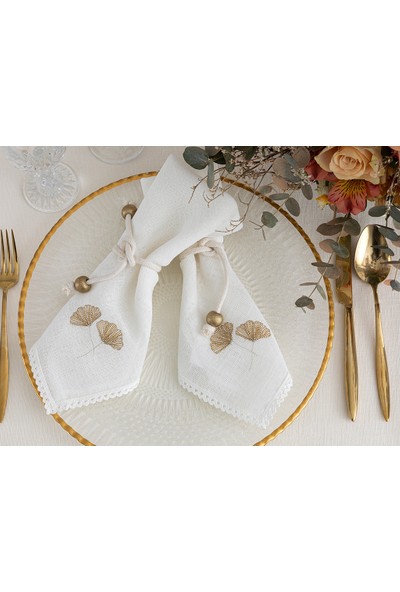 English Home Gingko Nakışlı 4'lü Misafir Peçetesi 40 x 40 cm Krem