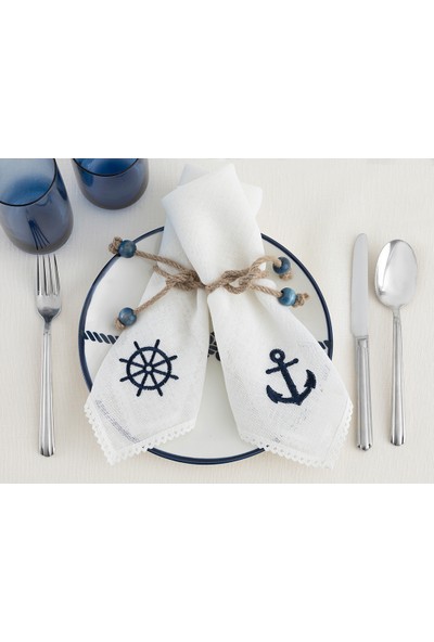 English Home Marin Nakışlı 4'lü Misafir Peçetesi 40 x 40 cm Lacivert