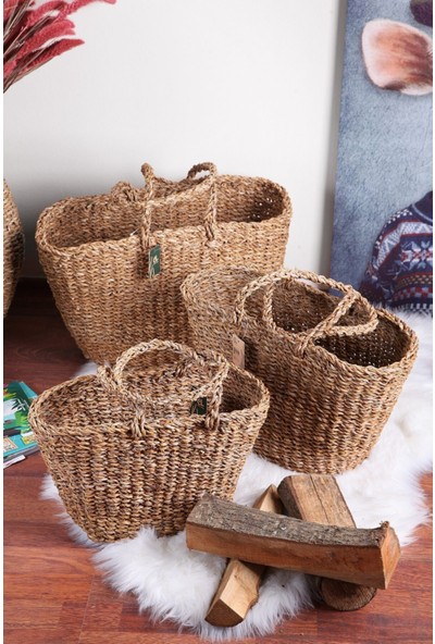 Cosargroup 3'lü Hasır Çanta Düzenleyici Sepet Naturel El Örme SVR-7315 Naturel