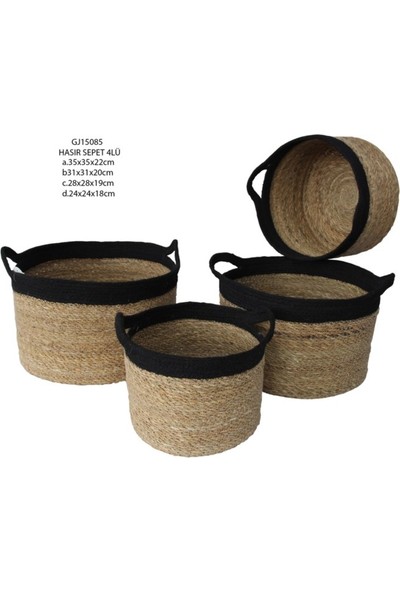 Cosargroup 4'lü Set Siyah Detaylı Hasır Sepet/saksılık/düzenleyici 7335 Siyah