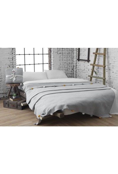 Dolce Bonita Home Çift Kişilik Ponponlu Pike Battaniye Gri