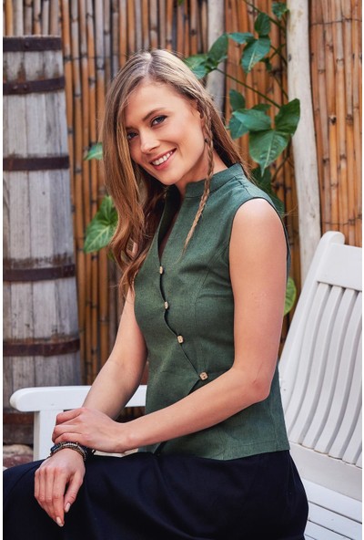 Los Banditos Hakim Yaka Çapraz Düğmeli Kolsuz Bluz