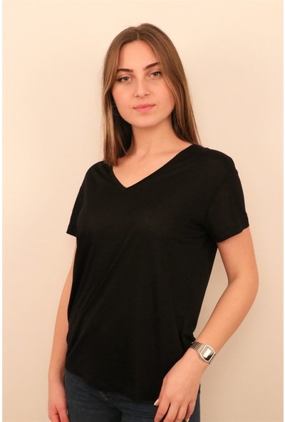Rich Kadın V Yaka Siyah T-Shirt