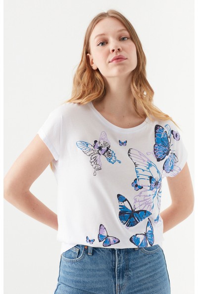 Mavi Kadın Kelebek Baskılı Beyaz Tişört 1600886-620