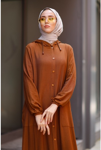 inStyle Düğmeli Kapüşonlu Ferace - Taba