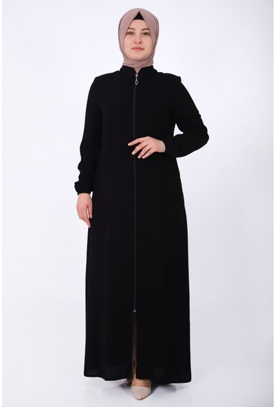 Kadın Siyah Fermuarlı Cepli Büyük Beden Ferace- 191