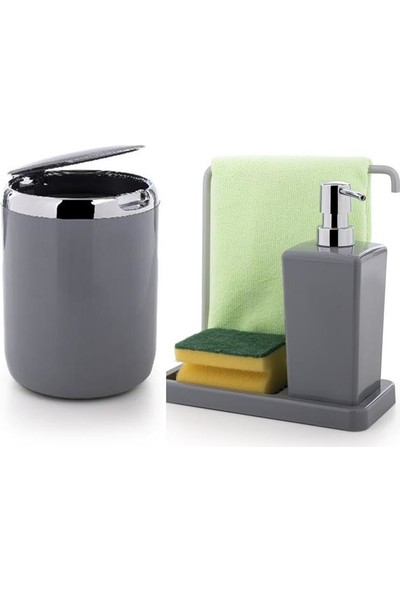 Primanova Luna Mutfak Sıvı Sabunluk ve Çöp Kova Seti Gri