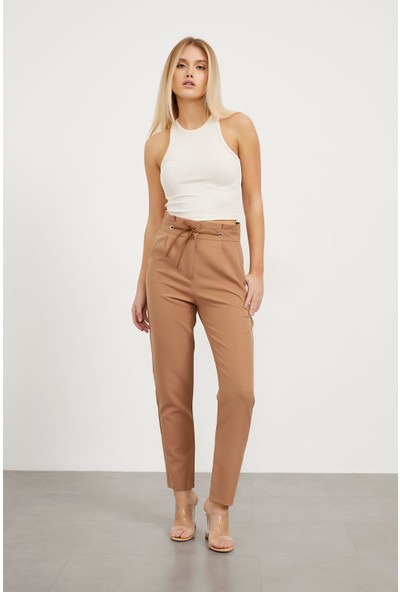 Armalife Kuş Gözü Ip Geçmeli Yüksek Bel Kumaş Pantolon